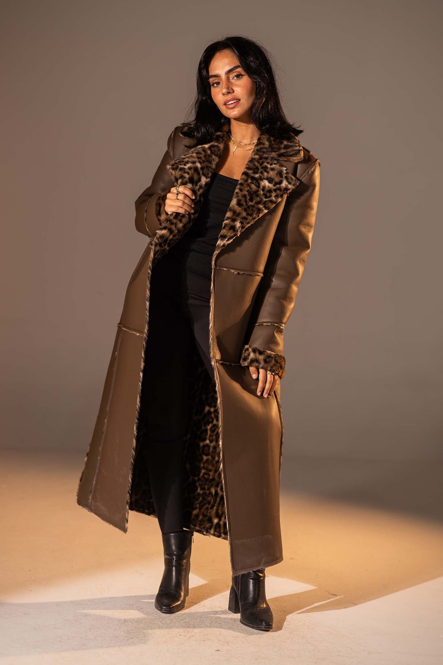 Brown Long Faux Leather Leopard Shearling Coat – 2x2clothing